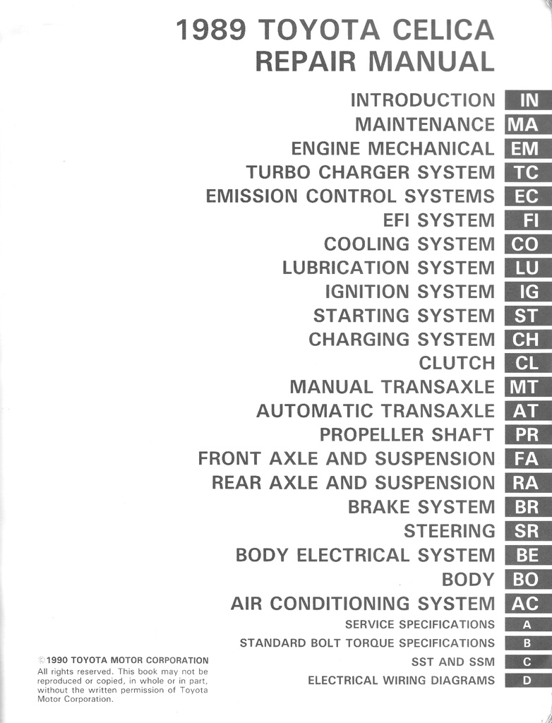 1989 Toyota Celica Oem Shop Service Repair Manual